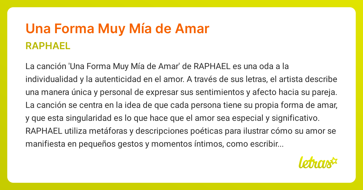 Significado de la canción UNA FORMA MUY MÍA DE AMAR (RAPHAEL) - LETRAS.COM