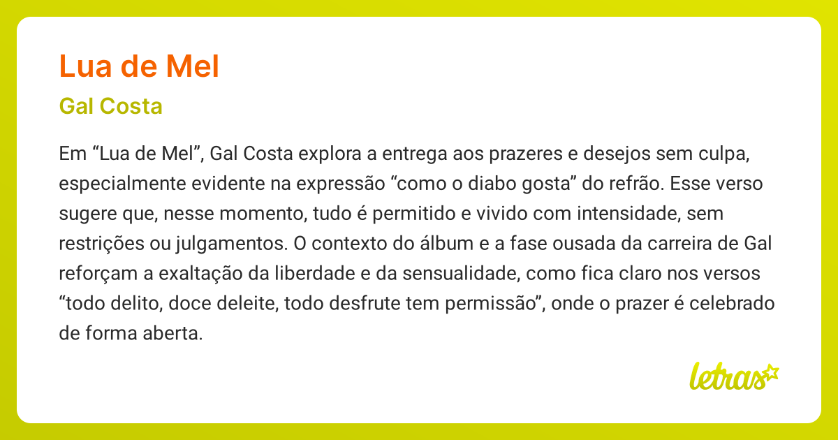 Significado da música LUA DE MEL (Gal Costa) - LETRAS.MUS.BR