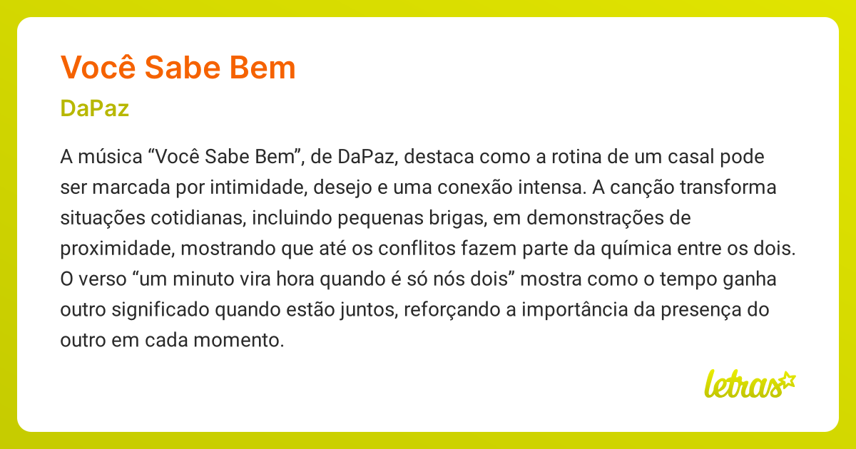 Significado da música VOCÊ SABE BEM (DaPaz) - LETRAS.MUS.BR