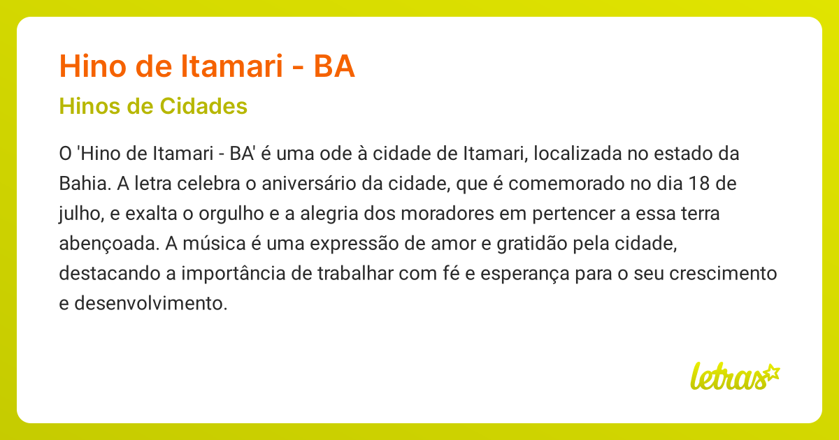 Significado da música HINO DE ITAMARI - BA (Hinos de Cidades) - LETRAS ...