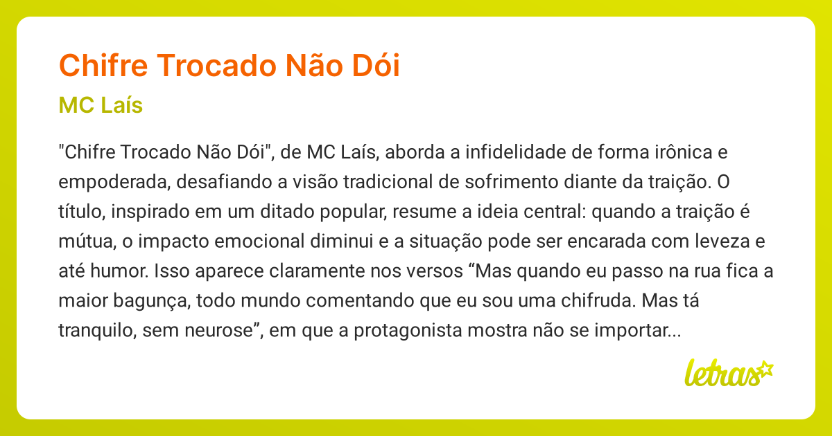 Significado da música CHIFRE TROCADO NÃO DÓI (MC Laís) - LETRAS.MUS.BR