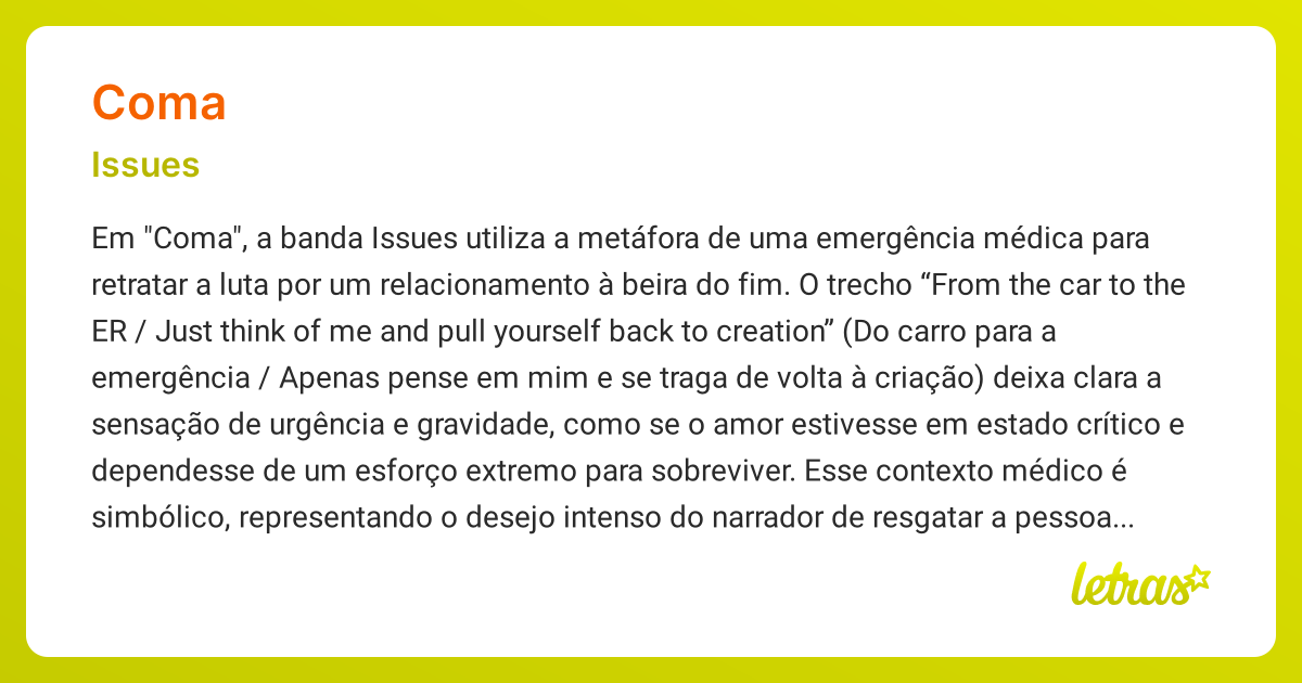 Significado da música COMA (Issues) - LETRAS.MUS.BR