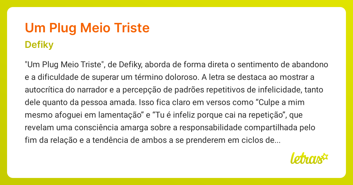 Significado da música UM PLUG MEIO TRISTE (Defiky) - LETRAS.MUS.BR