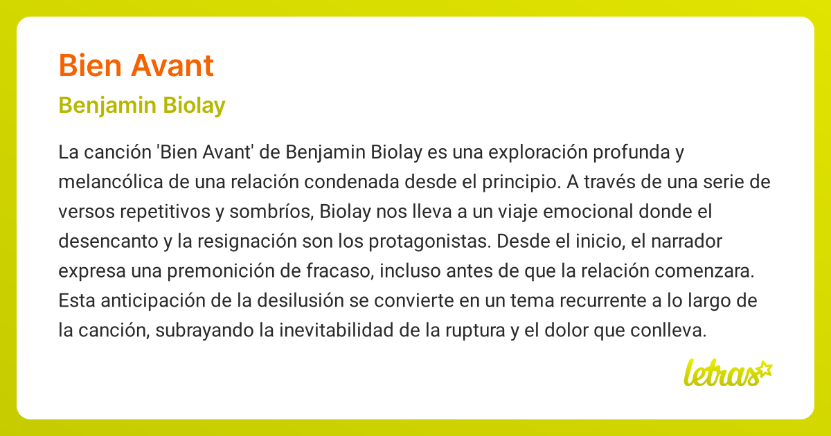Significado de la canción BIEN AVANT (Benjamin Biolay) - LETRAS.COM