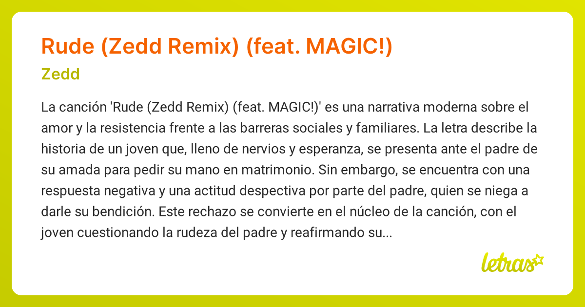 Significado de la canción Rude (Zedd Remix) (feat. MAGIC!) (Zedd ...