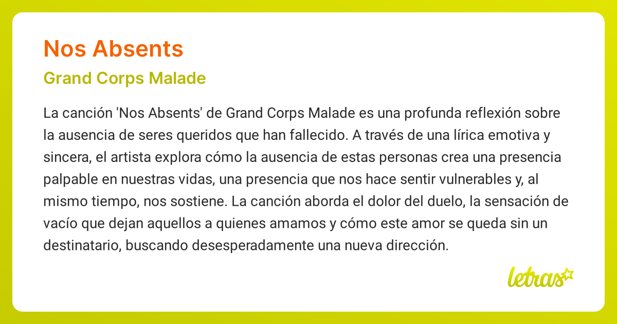 Significado de la canción NOS ABSENTS (Grand Corps Malade) - LETRAS.COM