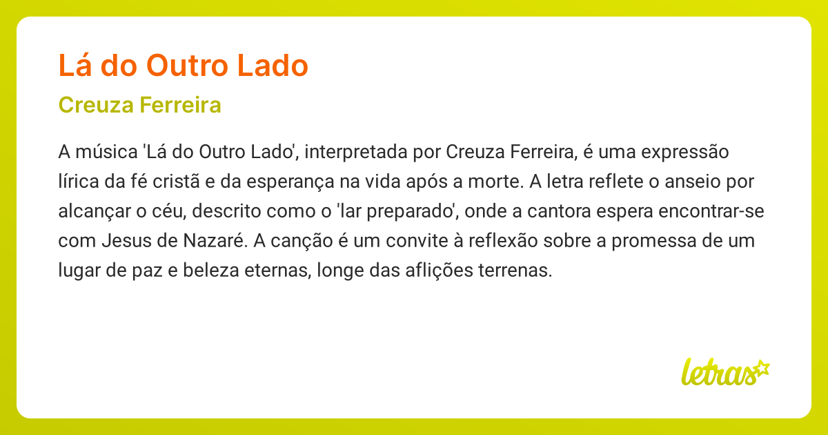 Significado da música LÁ DO OUTRO LADO (Creuza Ferreira) - LETRAS.MUS.BR