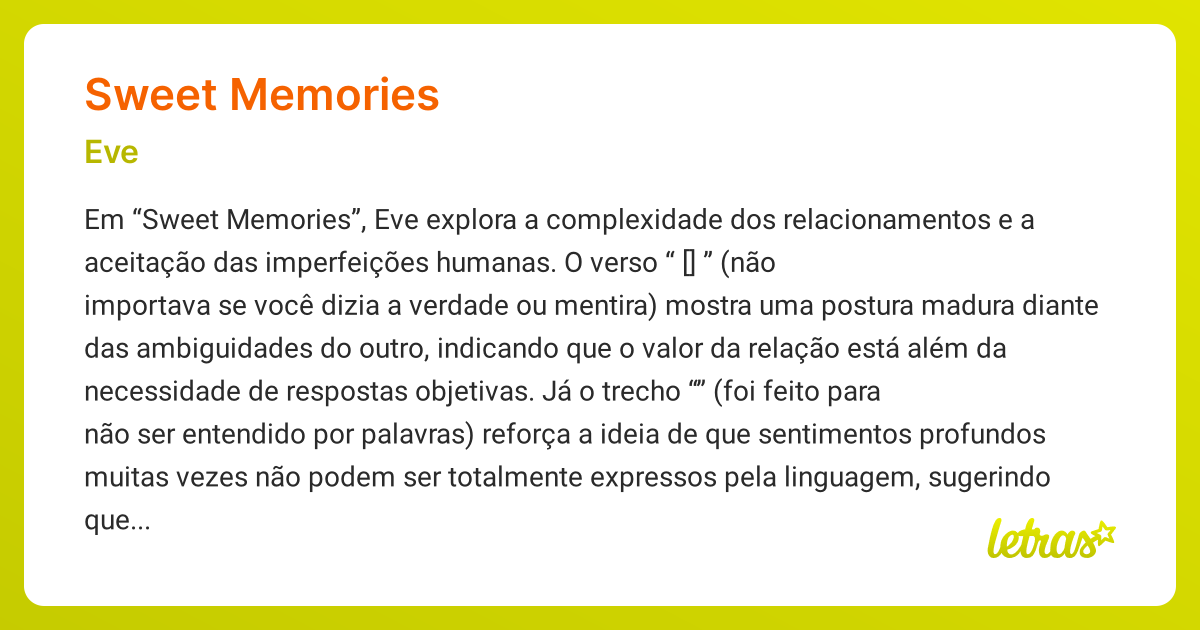 Significado da música SWEET MEMORIES (Eve) - LETRAS.MUS.BR