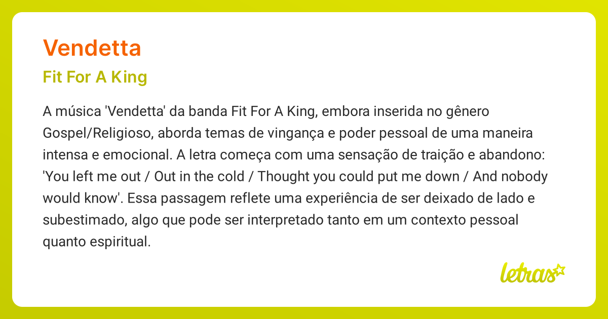 Significado da música VENDETTA (Fit For A King) - LETRAS.MUS.BR