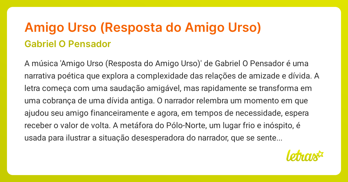 Significado da música Amigo Urso (Resposta do Amigo Urso) (Gabriel O ...