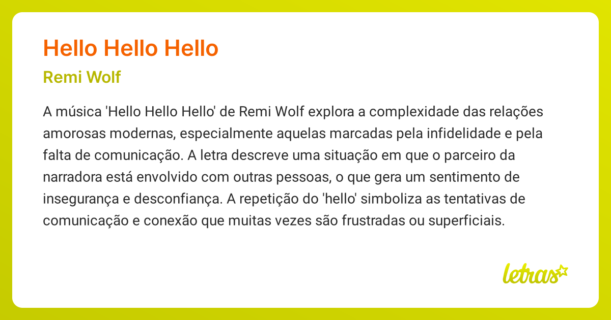 Significado da música HELLO HELLO HELLO (Remi Wolf) - LETRAS.MUS.BR