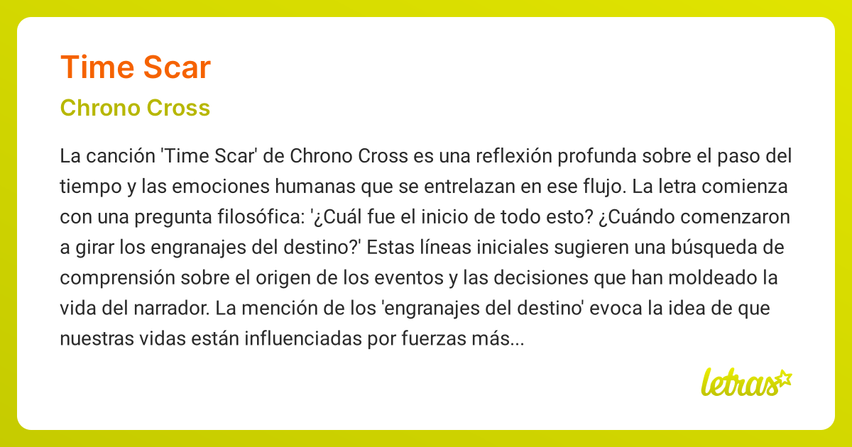 Significado de la canción TIME SCAR (Chrono Cross) - LETRAS.COM