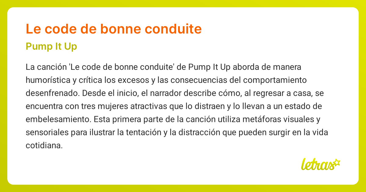 Significado de la canción LE CODE DE BONNE CONDUITE (Pump It Up ...
