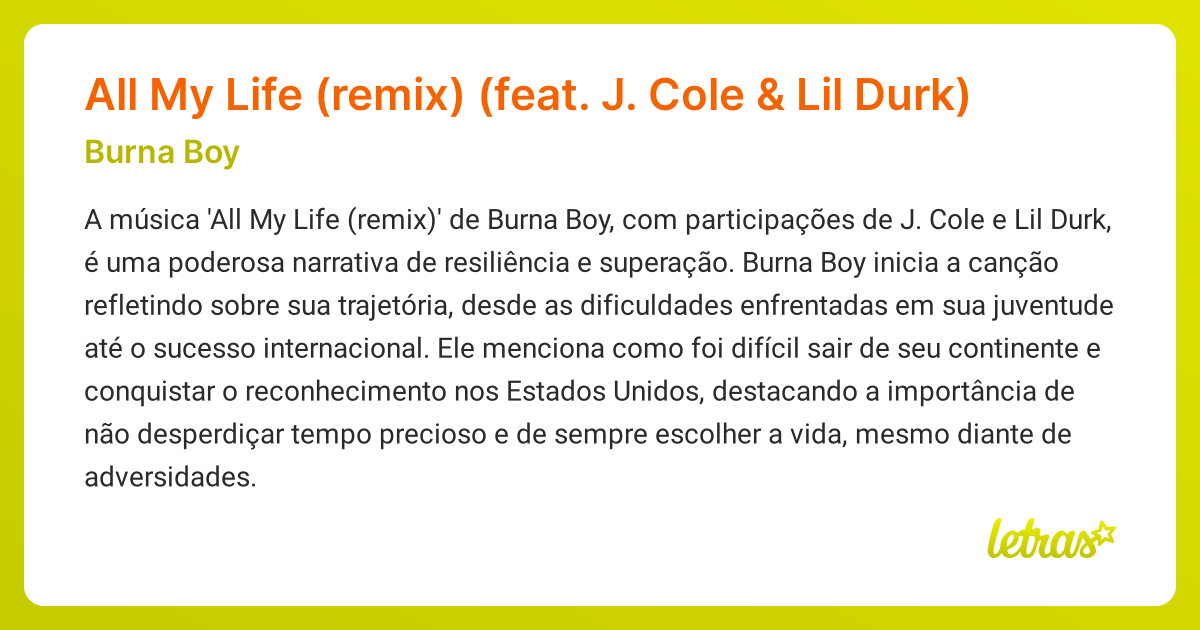 Significado da música All My Life (remix) (feat. J. Cole & Lil Durk ...