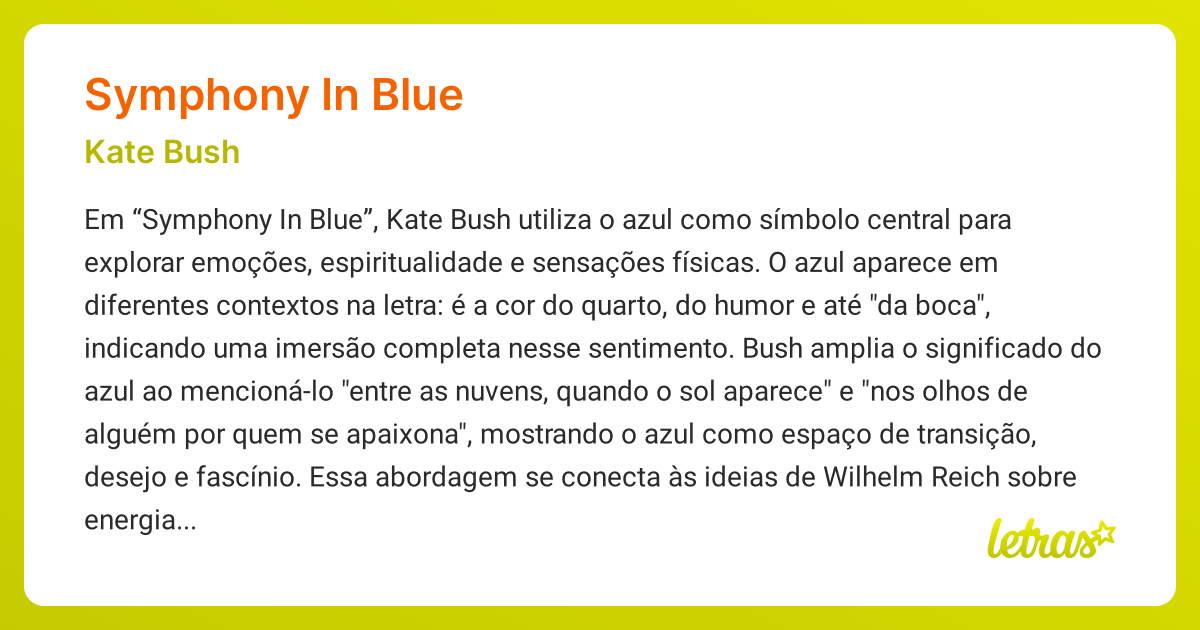 Significado da música SYMPHONY IN BLUE (Kate Bush) - LETRAS.MUS.BR