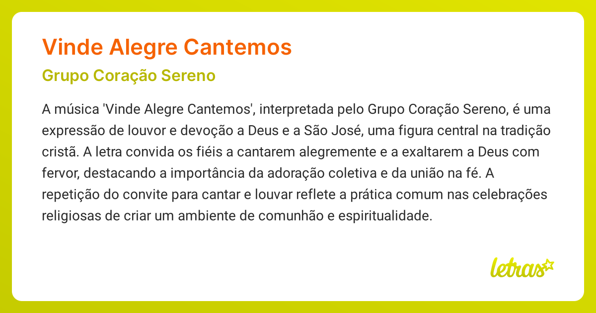 Significado da música VINDE ALEGRE CANTEMOS (Grupo Coração Sereno ...