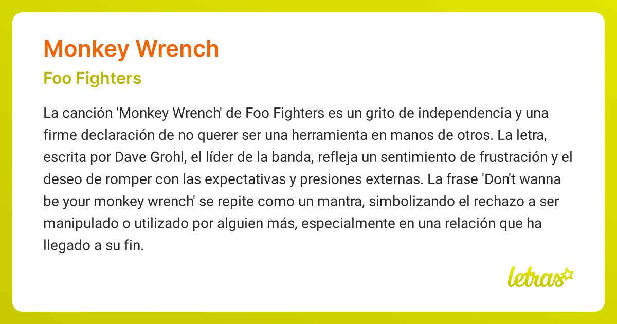 Significado de la canción MONKEY WRENCH (Foo Fighters) - LETRAS.COM