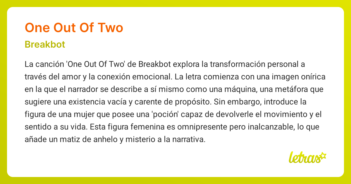 Significado de la canción ONE OUT OF TWO (Breakbot) - LETRAS.COM