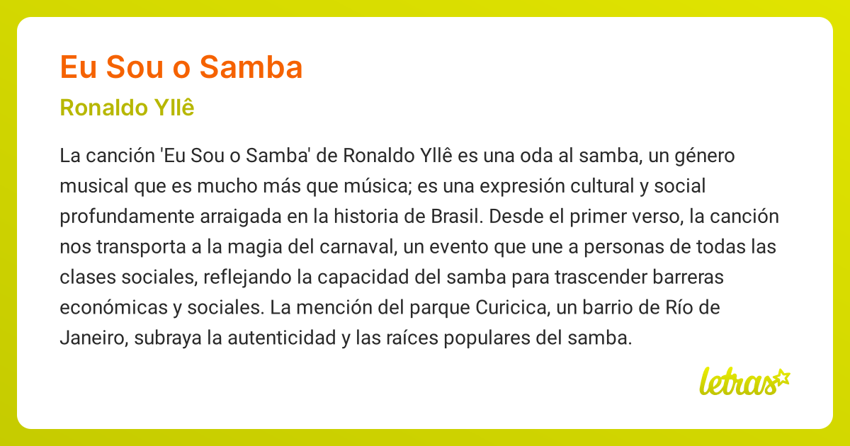 Significado de la canción EU SOU O SAMBA (Ronaldo Yllê) - LETRAS.COM