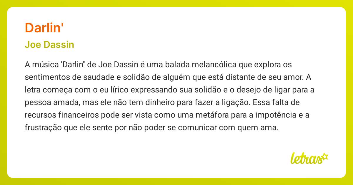 Significado da música DARLIN' (Joe Dassin) - LETRAS.MUS.BR