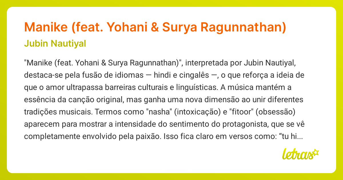 Significado da música Manike (feat. Yohani & Surya Ragunnathan) (Jubin ...