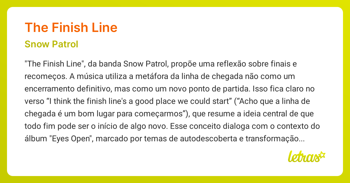 Significado da música THE FINISH LINE (Snow Patrol) - LETRAS.MUS.BR