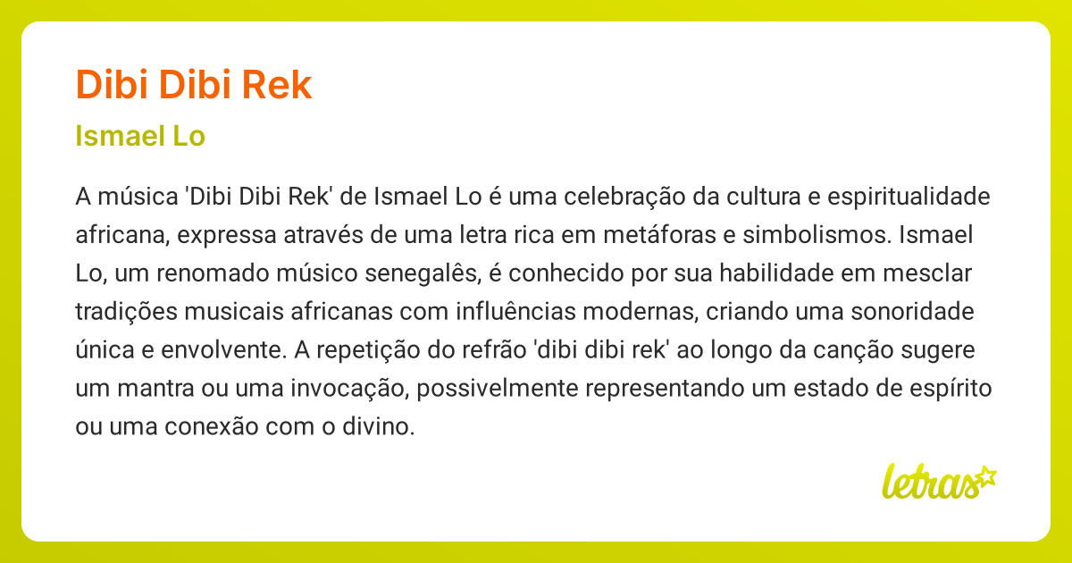 Significado da música DIBI DIBI REK (Ismael Lo) - LETRAS.MUS.BR