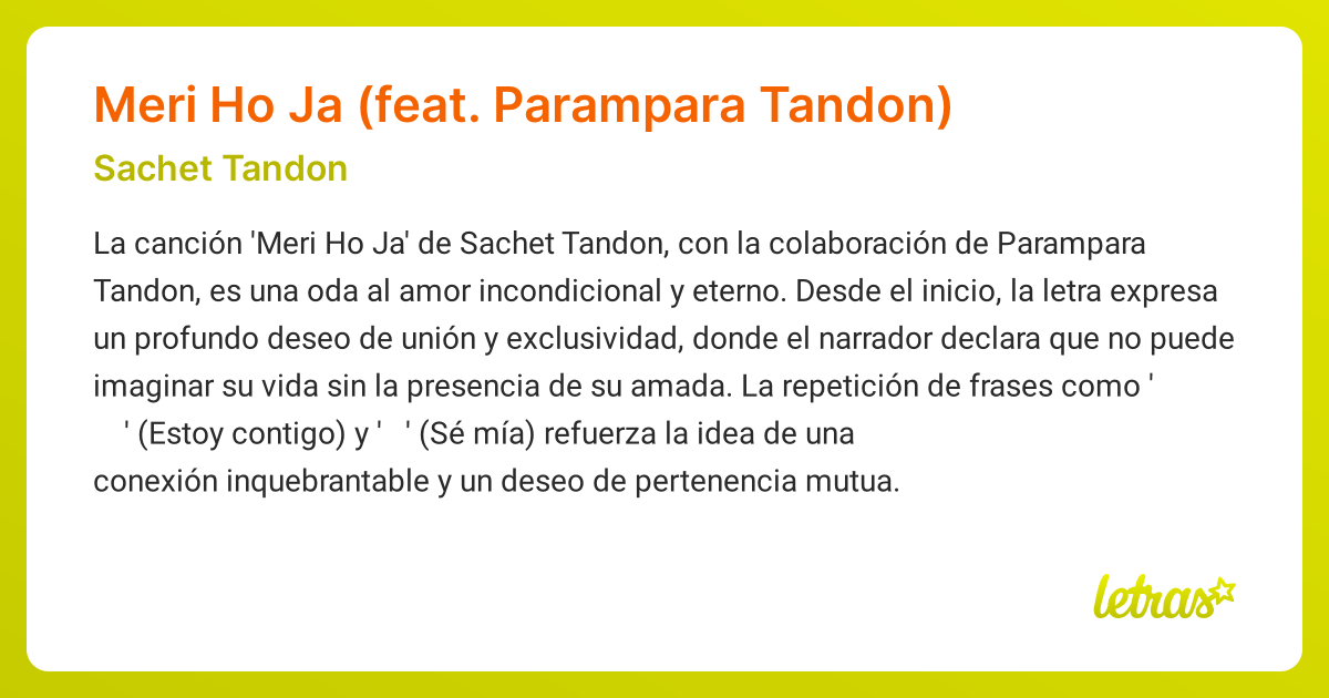 Significado de la canción Meri Ho Ja (feat. Parampara Tandon) (Sachet ...