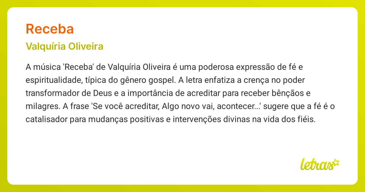 Significado da música RECEBA (Valquíria Oliveira) - LETRAS.MUS.BR