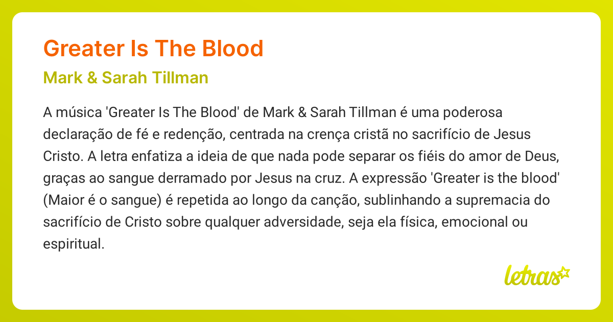 Significado da música GREATER IS THE BLOOD (Mark & Sarah Tillman ...