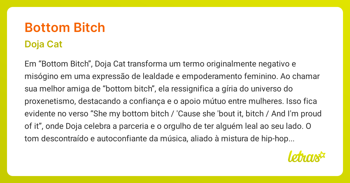 Significado da música BOTTOM BITCH (Doja Cat) - LETRAS.MUS.BR