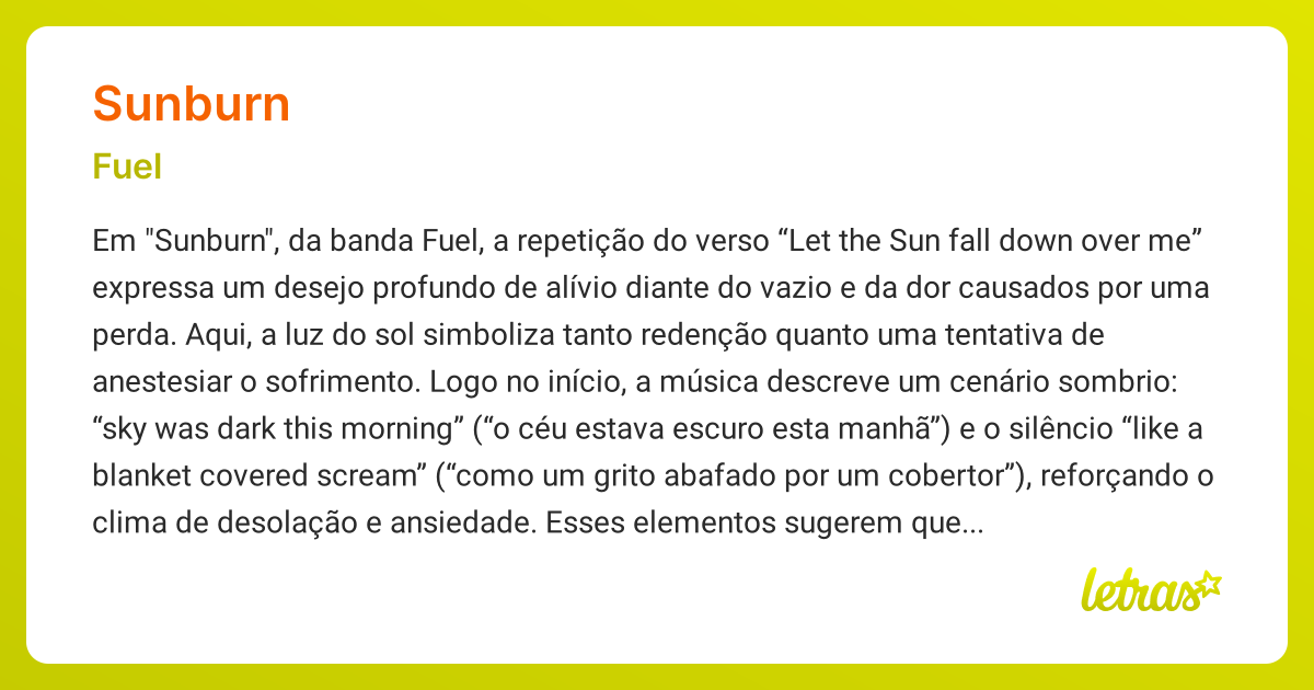 Significado da música SUNBURN (Fuel) - LETRAS.MUS.BR