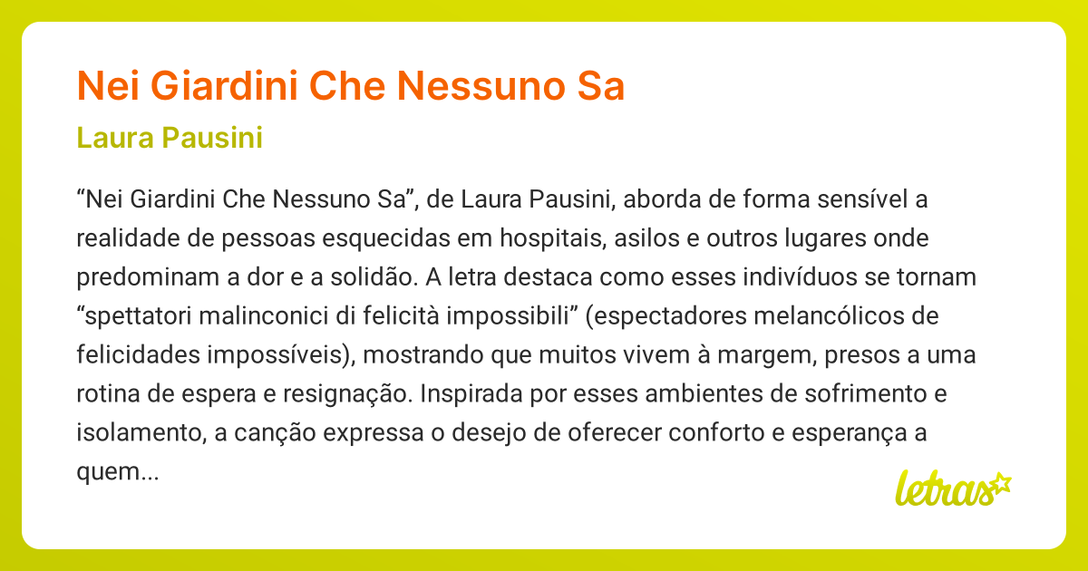 Significado da música NEI GIARDINI CHE NESSUNO SA (Laura Pausini ...