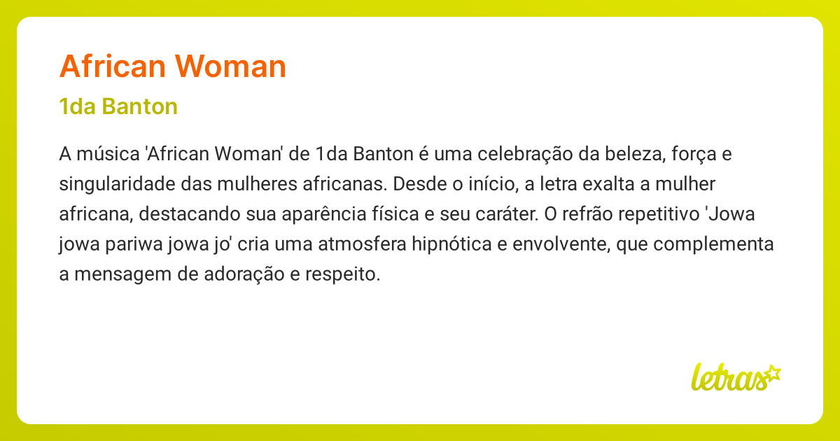 Significado da música AFRICAN WOMAN (1da Banton) - LETRAS.MUS.BR