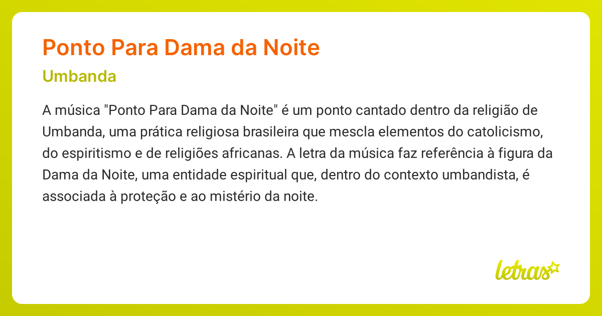Significado da música PONTO PARA DAMA DA NOITE (Umbanda) - LETRAS.MUS.BR