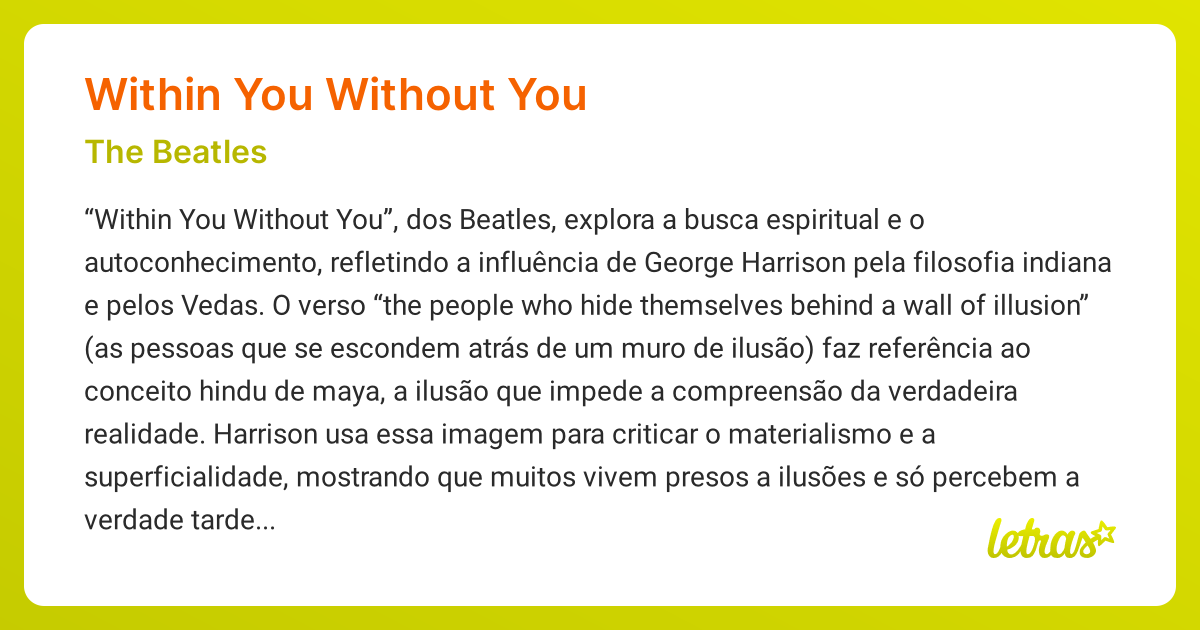Significado da música WITHIN YOU WITHOUT YOU (The Beatles) - LETRAS.MUS.BR