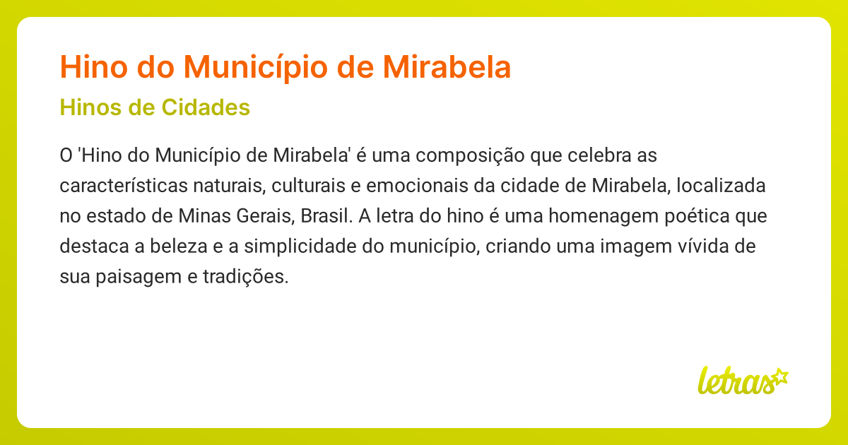 Significado da música HINO DO MUNICÍPIO DE MIRABELA (Hinos de Cidades ...