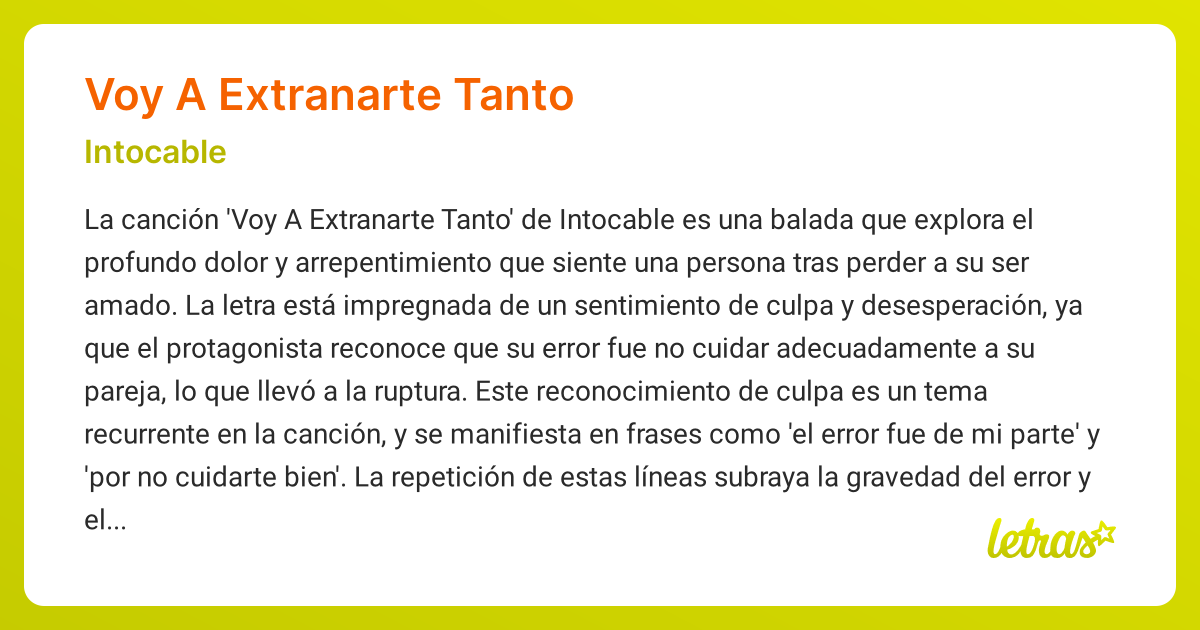 Significado de la canción VOY A EXTRANARTE TANTO (Intocable) - LETRAS.COM