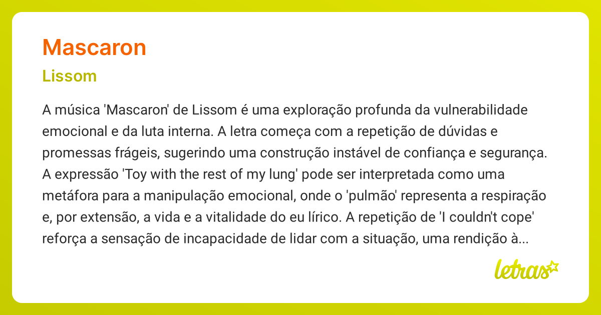 Significado da música MASCARON (Lissom) - LETRAS.MUS.BR