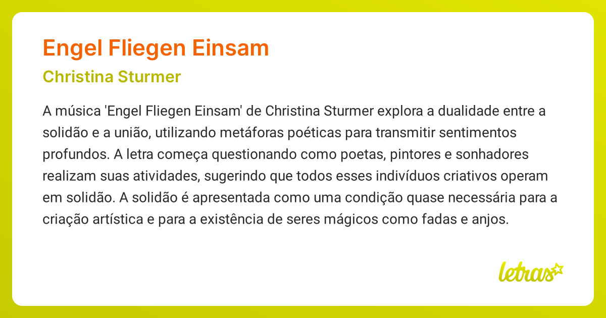 Significado da música ENGEL FLIEGEN EINSAM (Christina Sturmer) - LETRAS ...
