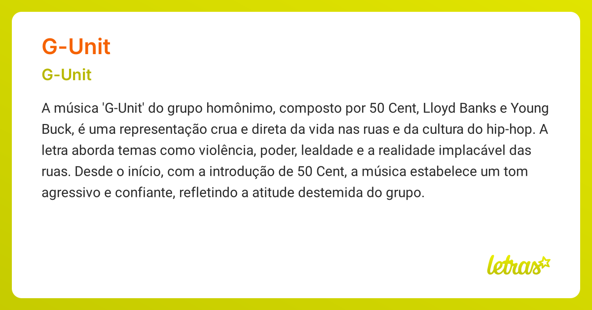 Significado da música G-UNIT (G-Unit) - LETRAS.MUS.BR