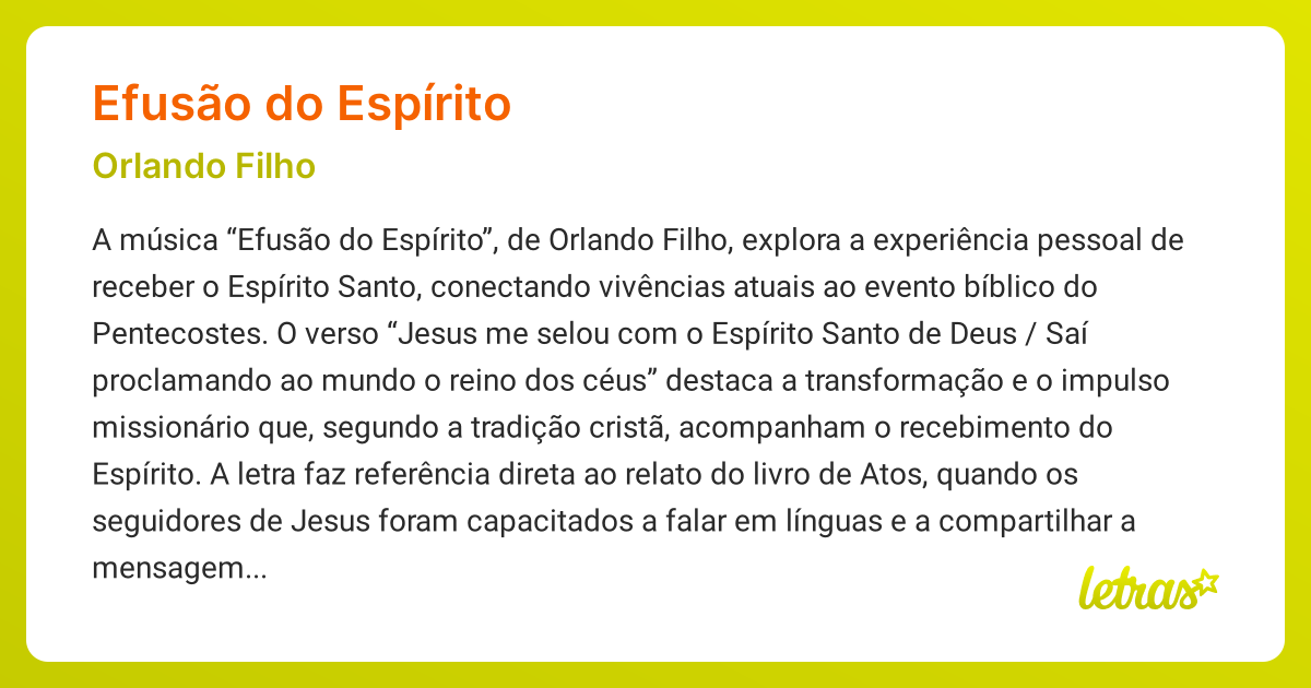 Significado da música EFUSÃO DO ESPÍRITO (Orlando Filho) - LETRAS.MUS.BR