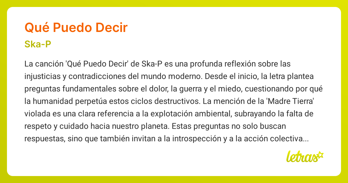 Significado de la canción QUÉ PUEDO DECIR (Ska-P) - LETRAS.COM