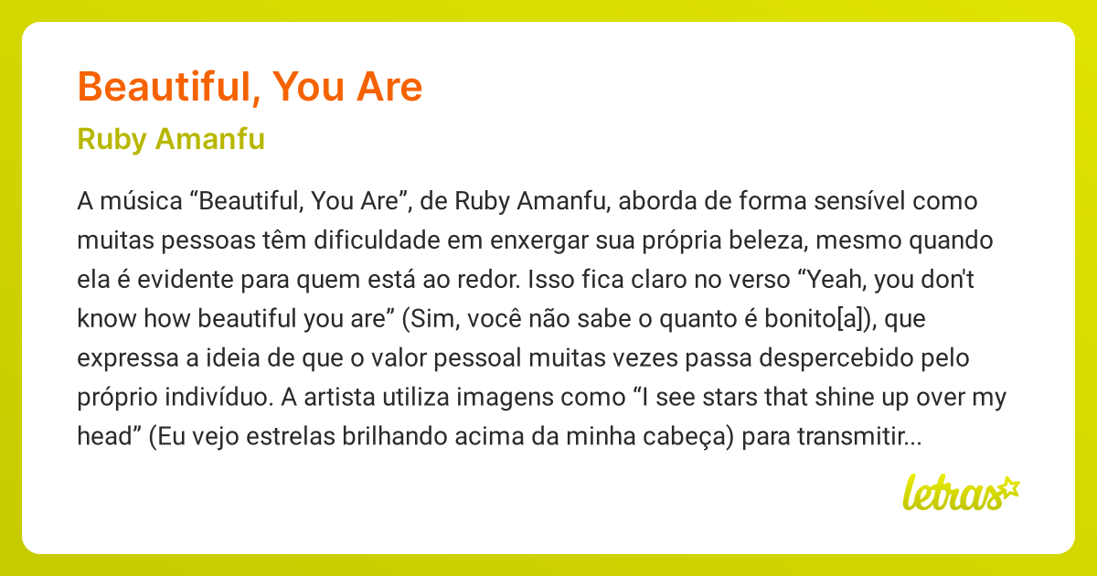 Significado da música BEAUTIFUL, YOU ARE (Ruby Amanfu) - LETRAS.MUS.BR