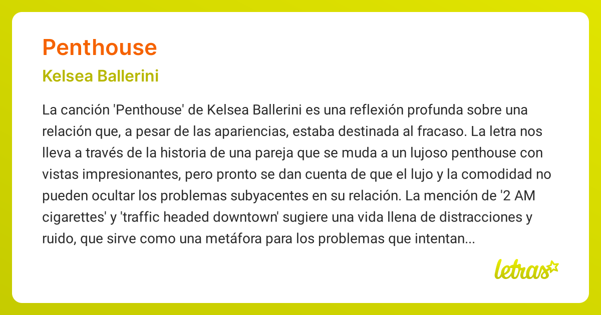 Significado de la canción PENTHOUSE (Kelsea Ballerini) - LETRAS.COM