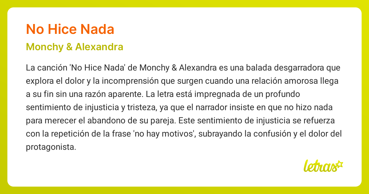 Significado de la canción NO HICE NADA (Monchy & Alexandra) - LETRAS.COM