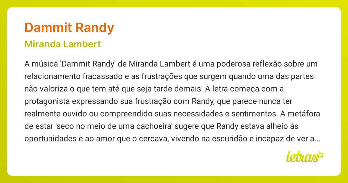 Significado da música DAMMIT RANDY (Miranda Lambert) - LETRAS.MUS.BR