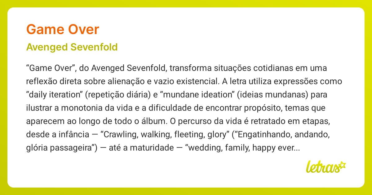 Significado da música GAME OVER (Avenged Sevenfold) - LETRAS.MUS.BR