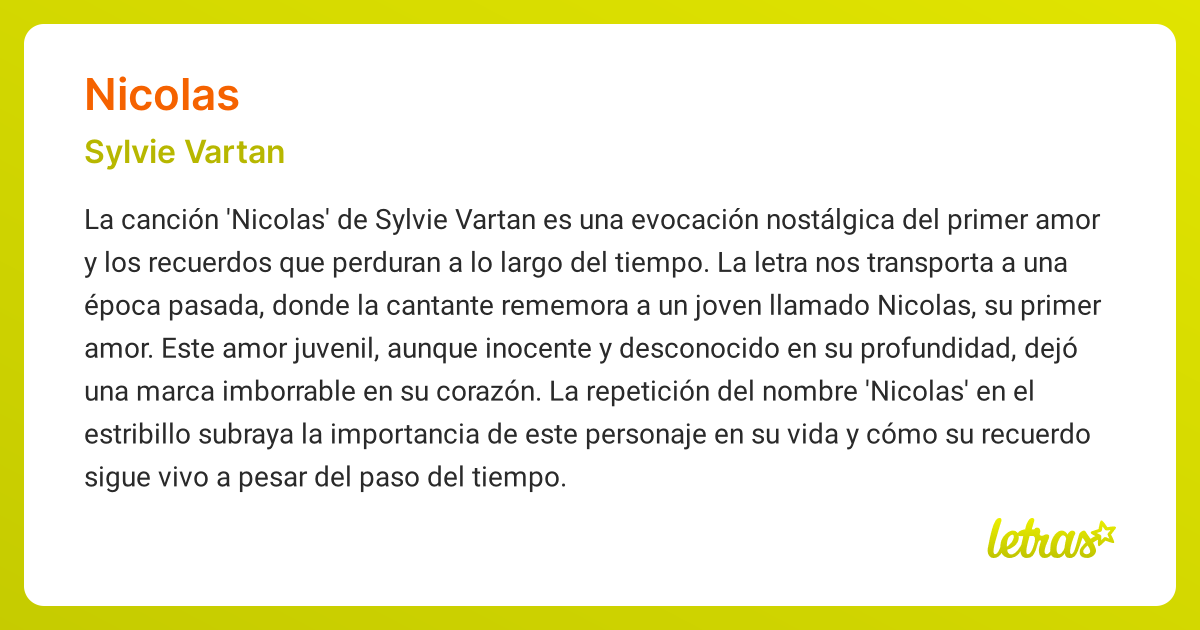 Significado de la canción NICOLAS (Sylvie Vartan) - LETRAS.COM