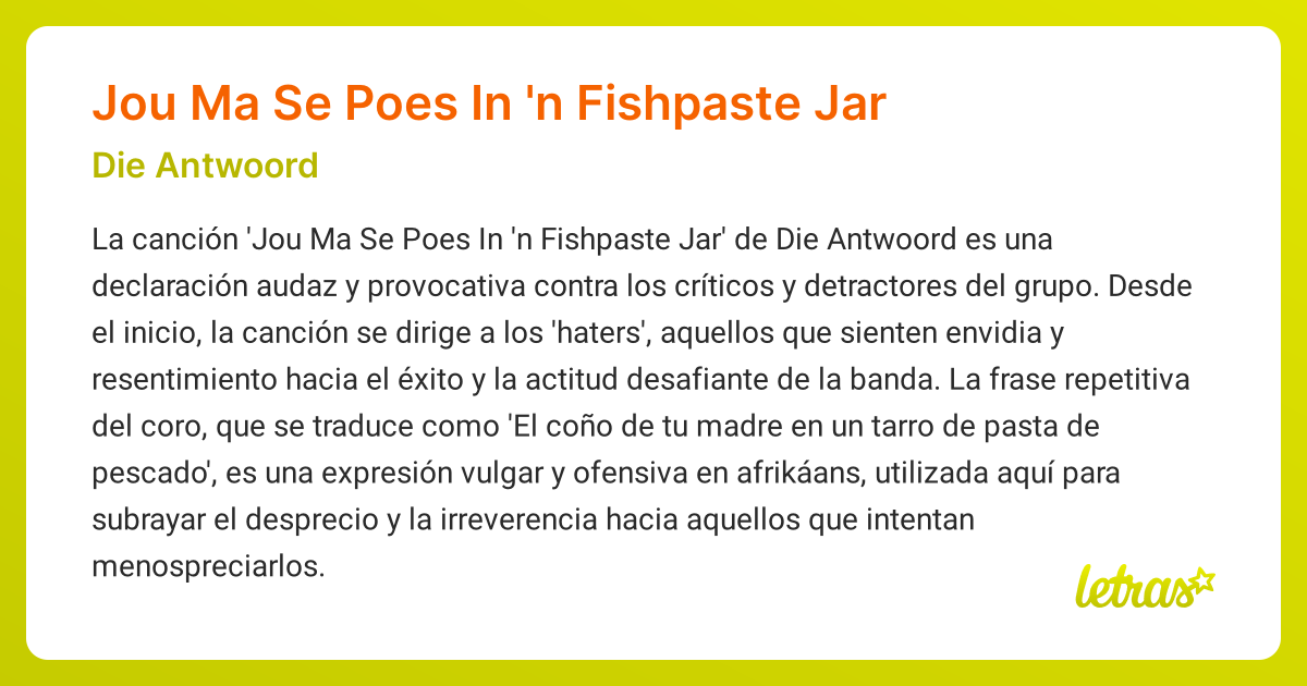 Significado de la canción Jou Ma Se Poes In 'n Fishpaste Jar (Die ...